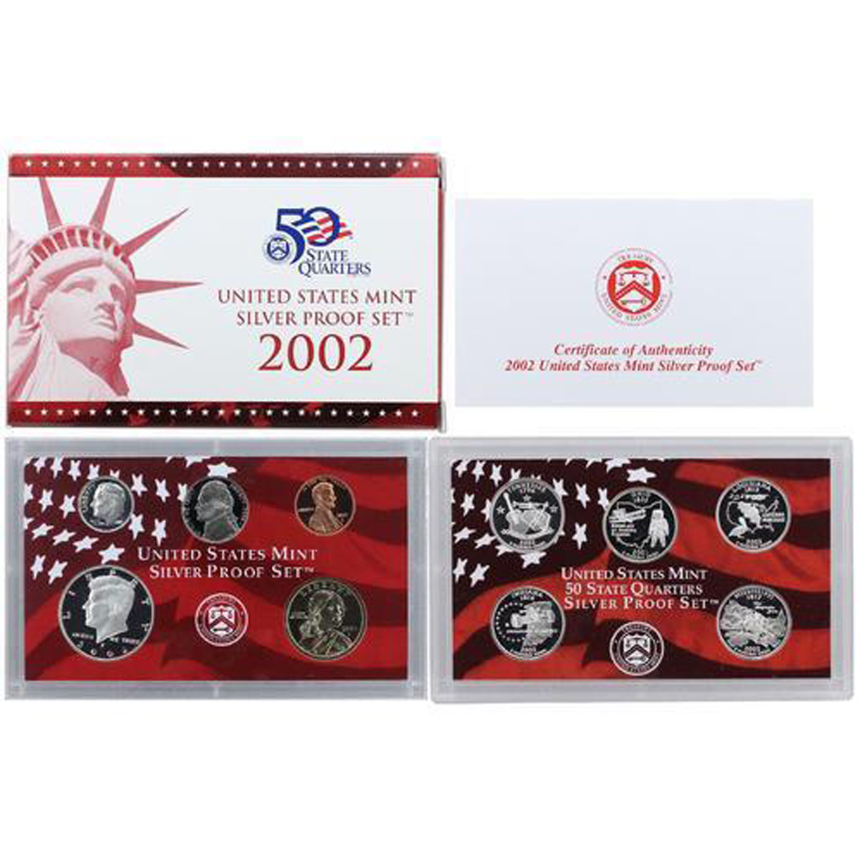 2002 US Mint Silver Proof set 90% state Quarters Kennedy - (OGP) 10 ...